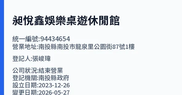 昶悅鑫娛樂桌遊休閒館的照片-統編 94434654(南投縣) 公司登記資料與營業項目詳細圖表
