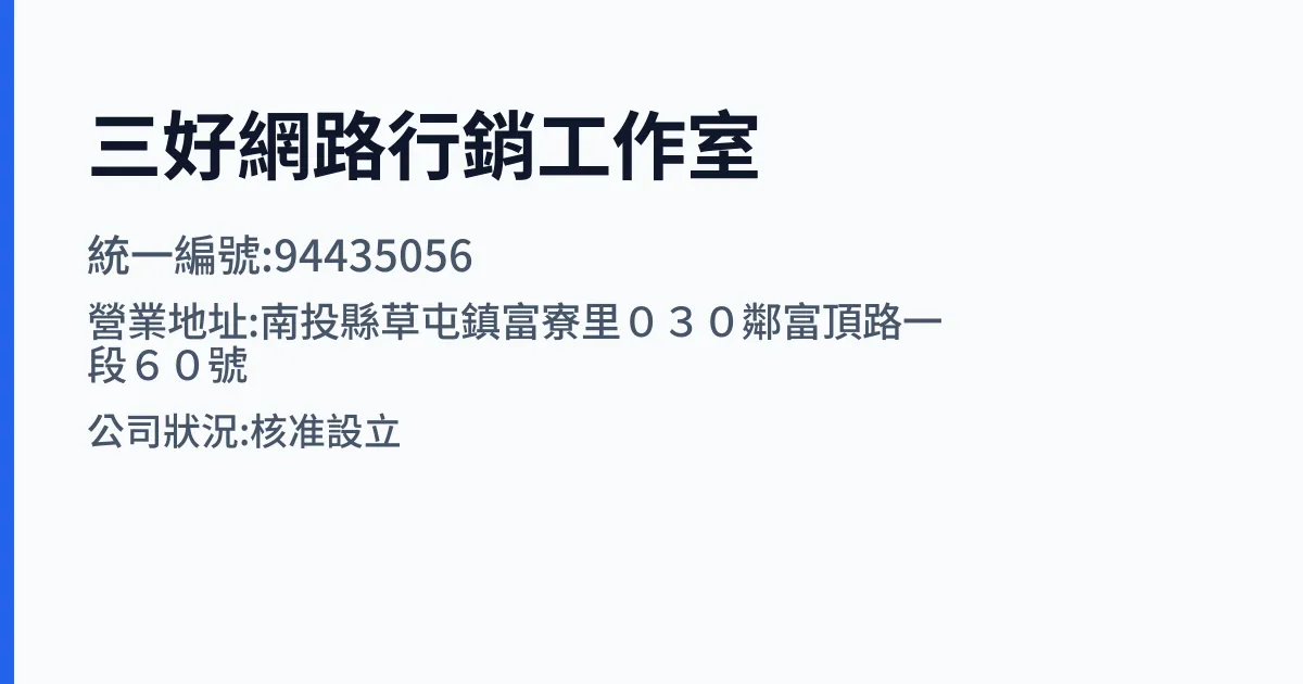 三好網路行銷工作室 - 統編 94435056(南投縣) 公司登記資料與營業項目詳細圖表