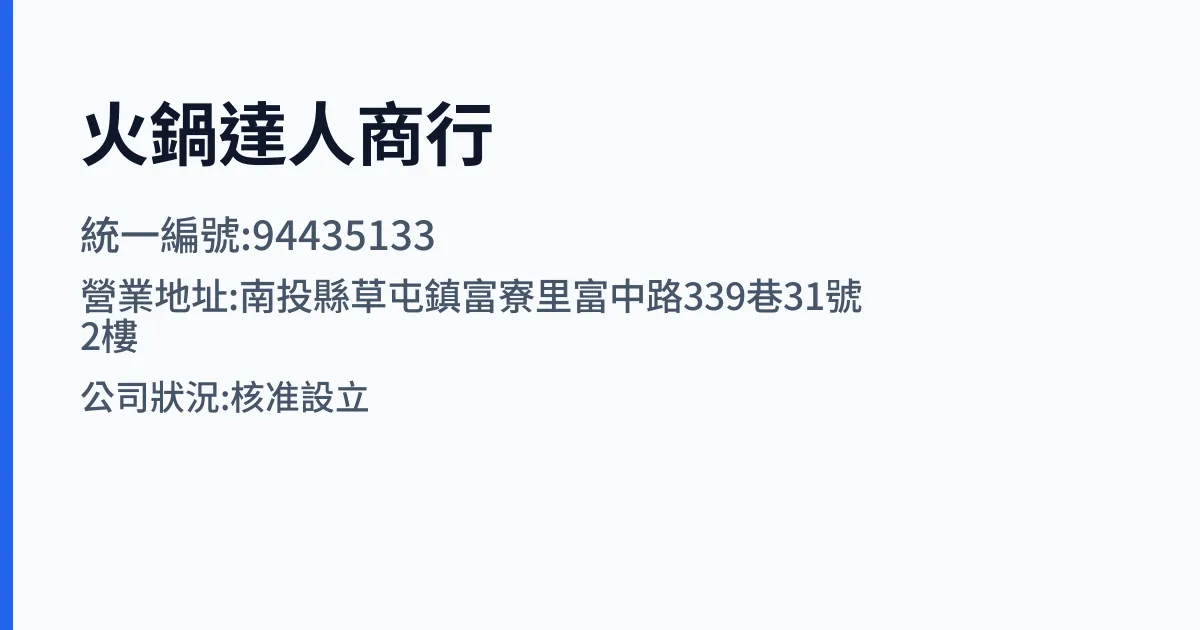火鍋達人商行 - 統編 94435133（南投縣） 公司登記資料與營業項目詳細圖表