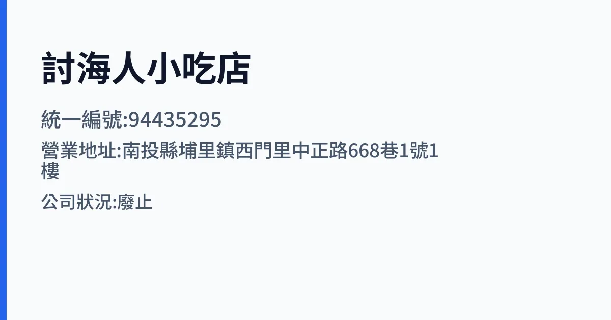討海人小吃店 - 統編 94435295(南投縣) 公司登記資料與營業項目詳細圖表