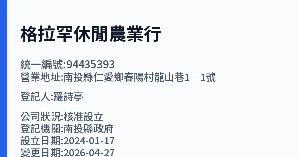格拉罕休閒農業行的照片-統編 94435393(南投縣) 公司登記資料與營業項目詳細圖表