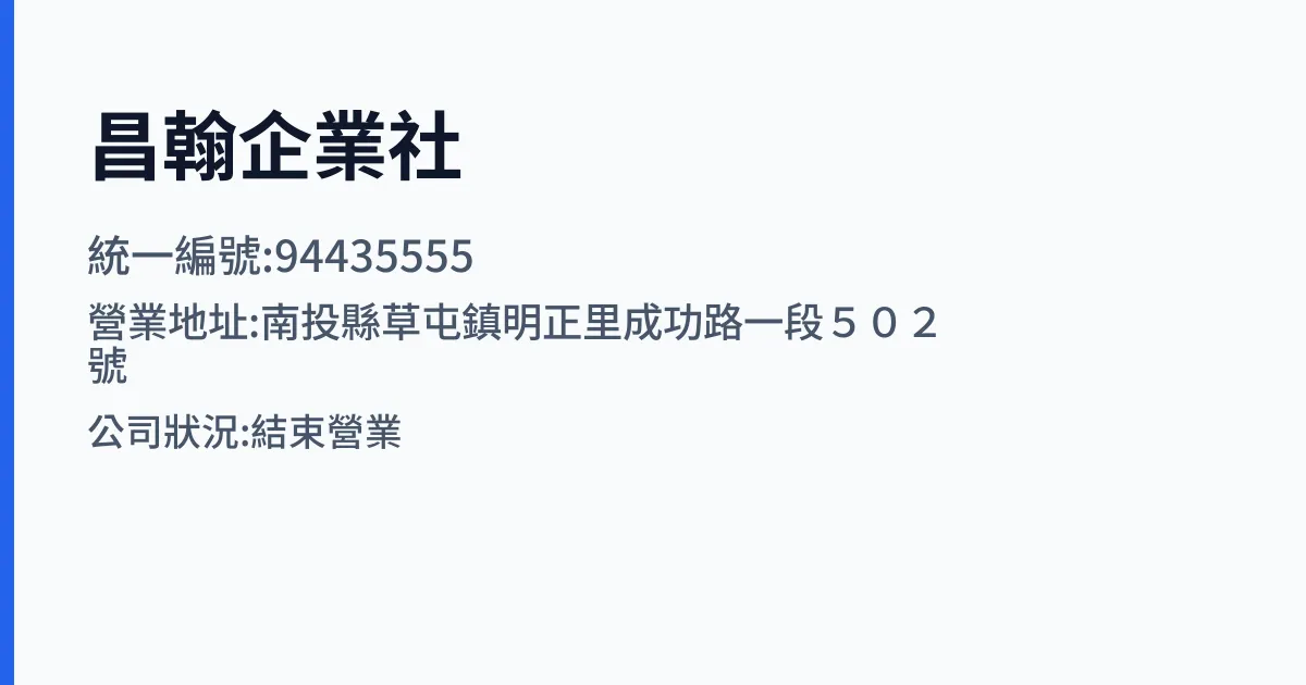 昌翰企業社 - 統編 94435555(南投縣) 公司登記資料與營業項目詳細圖表