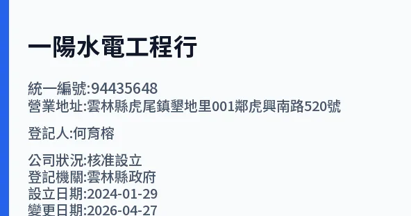 一陽水電工程行的照片-統編 94435648(雲林縣) 公司登記資料與營業項目詳細圖表