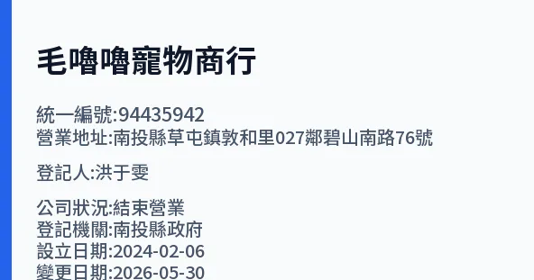 毛嚕嚕寵物商行的照片-統編 94435942(南投縣) 公司登記資料與營業項目詳細圖表