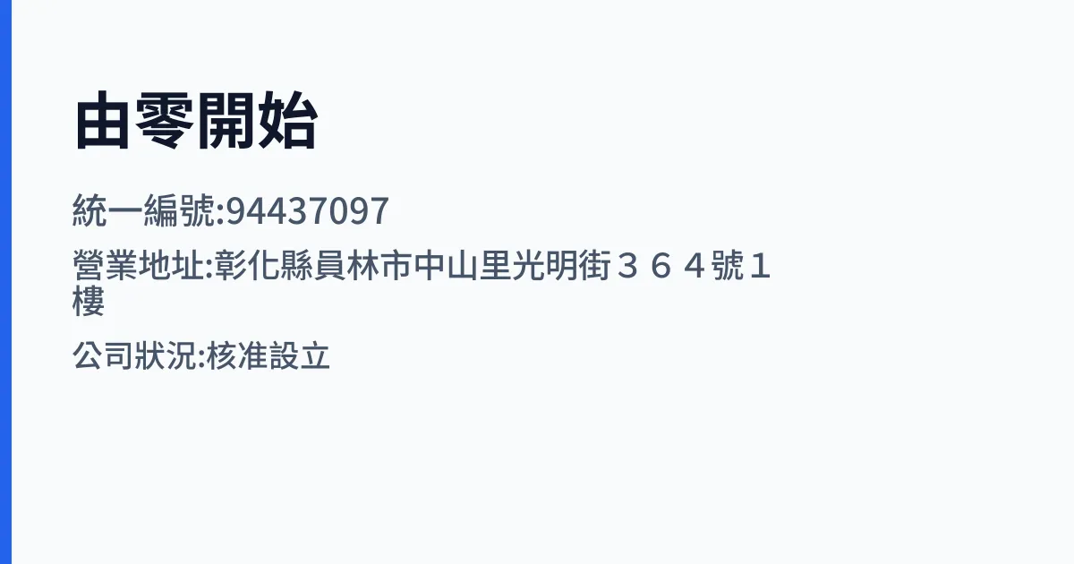 由零開始 - 統編 94437097(彰化縣) 公司登記資料與營業項目詳細圖表
