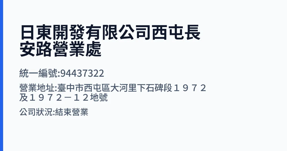 日東開發有限公司西屯長安路營業處 - 統編 94437322(臺中市) 公司登記資料與營業項目詳細圖表