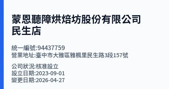 蒙恩聽障烘焙坊股份有限公司民生店的照片-統編 94437759(臺中市) 公司登記資料與營業項目詳細圖表