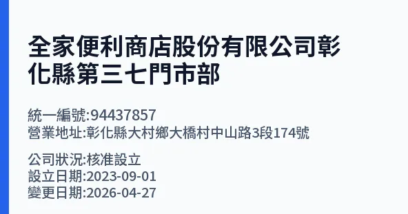 全家便利商店股份有限公司彰化縣第三七門市部的照片-統編 94437857(彰化縣) 公司登記資料與營業項目詳細圖表