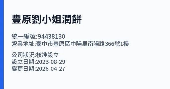 豐原劉小姐潤餅的照片-統編 94438130(臺中市) 公司登記資料與營業項目詳細圖表