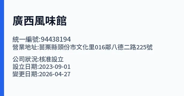 廣西風味館的照片-統編 94438194(苗栗縣) 公司登記資料與營業項目詳細圖表