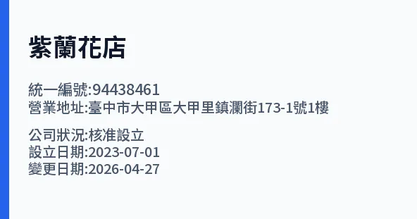 紫蘭花店的照片-統編 94438461(臺中市) 公司登記資料與營業項目詳細圖表