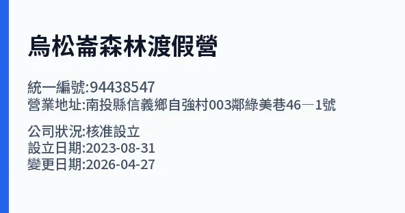 烏松崙森林渡假營的照片-統編 94438547(南投縣) 公司登記資料與營業項目詳細圖表