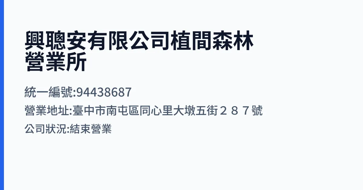 興聰安有限公司植間森林營業所 - 統編 94438687(臺中市) 公司登記資料與營業項目詳細圖表