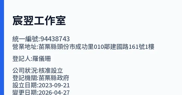 宸翌工作室的照片-統編 94438743(苗栗縣) 公司登記資料與營業項目詳細圖表
