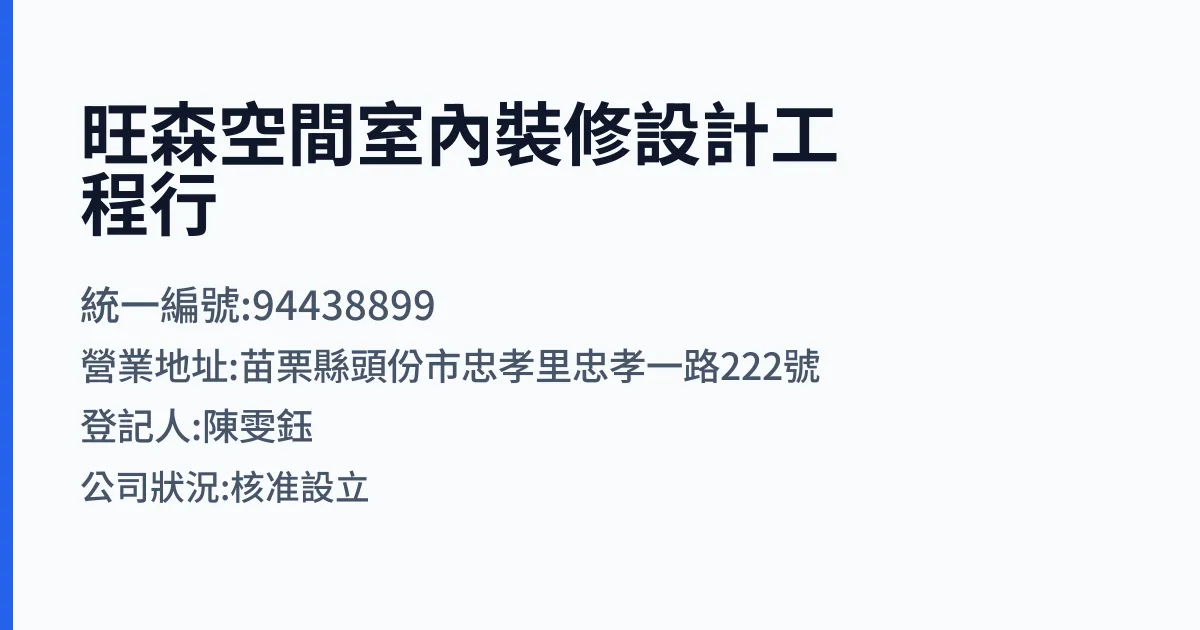 旺森空間室內裝修設計工程行 - 統編 94438899(苗栗縣) 公司登記資料與營業項目詳細圖表