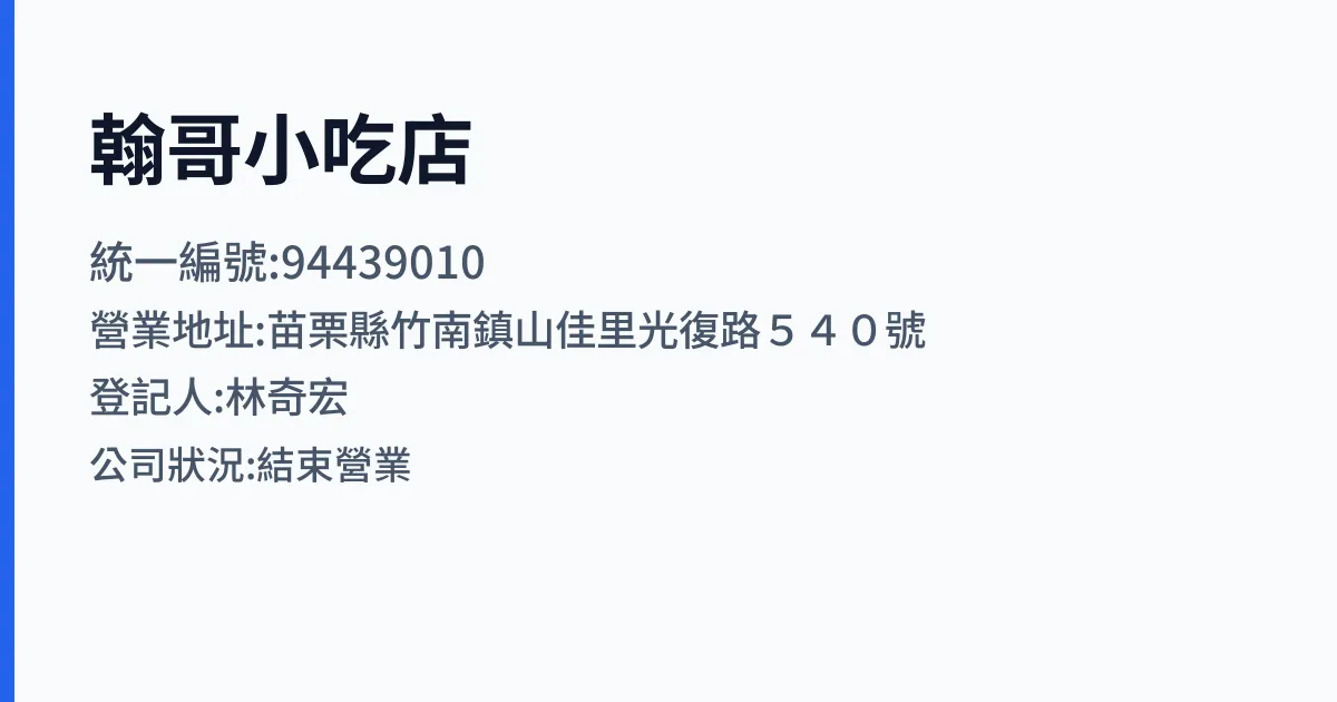 翰哥小吃店 - 統編 94439010(苗栗縣) 公司登記資料與營業項目詳細圖表