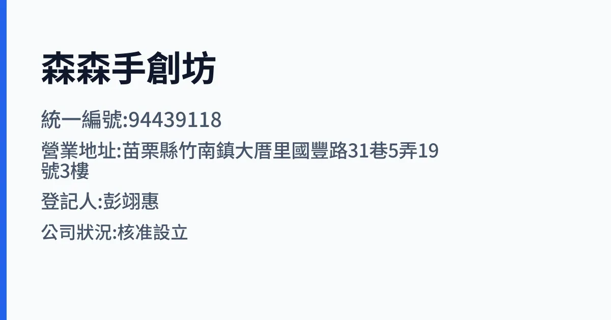 森森手創坊 - 統編 94439118(苗栗縣) 公司登記資料與營業項目詳細圖表