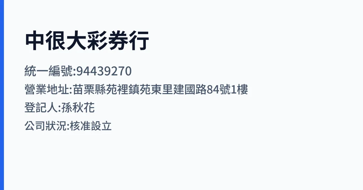 中很大彩券行 - 統編 94439270(苗栗縣) 公司登記資料與營業項目詳細圖表