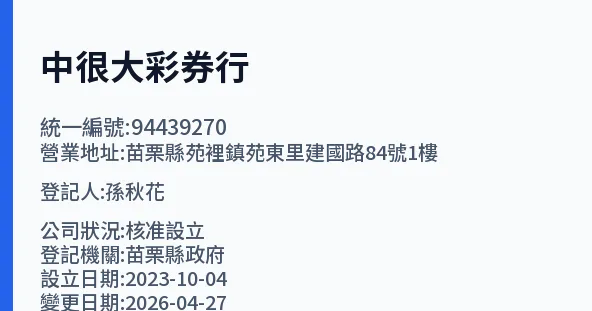 中很大彩券行的照片-統編 94439270(苗栗縣) 公司登記資料與營業項目詳細圖表