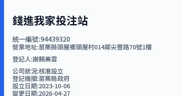錢進我家投注站的照片-統編 94439320(苗栗縣) 公司登記資料與營業項目詳細圖表