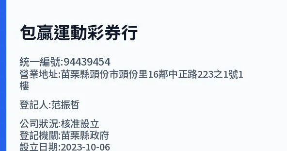 包贏運動彩券行的照片-統編 94439454(苗栗縣) 公司登記資料與營業項目詳細圖表