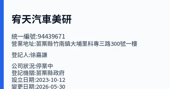 宥天汽車美研的照片-統編 94439671(苗栗縣) 公司登記資料與營業項目詳細圖表