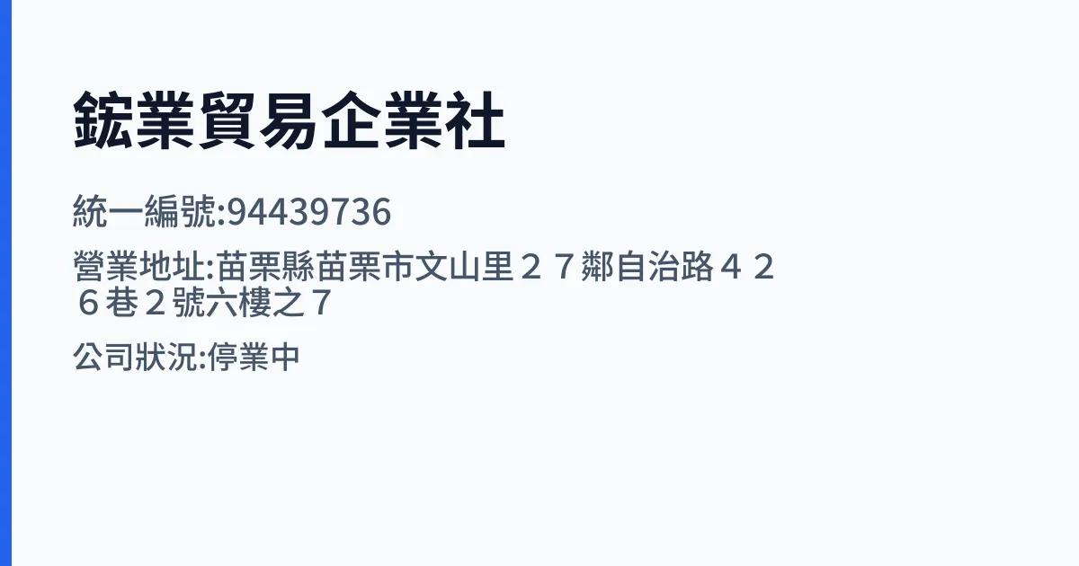 鋐業貿易企業社 - 統編 94439736(苗栗縣) 公司登記資料與營業項目詳細圖表