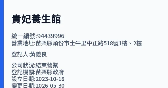 貴妃養生館的照片-統編 94439996(苗栗縣) 公司登記資料與營業項目詳細圖表