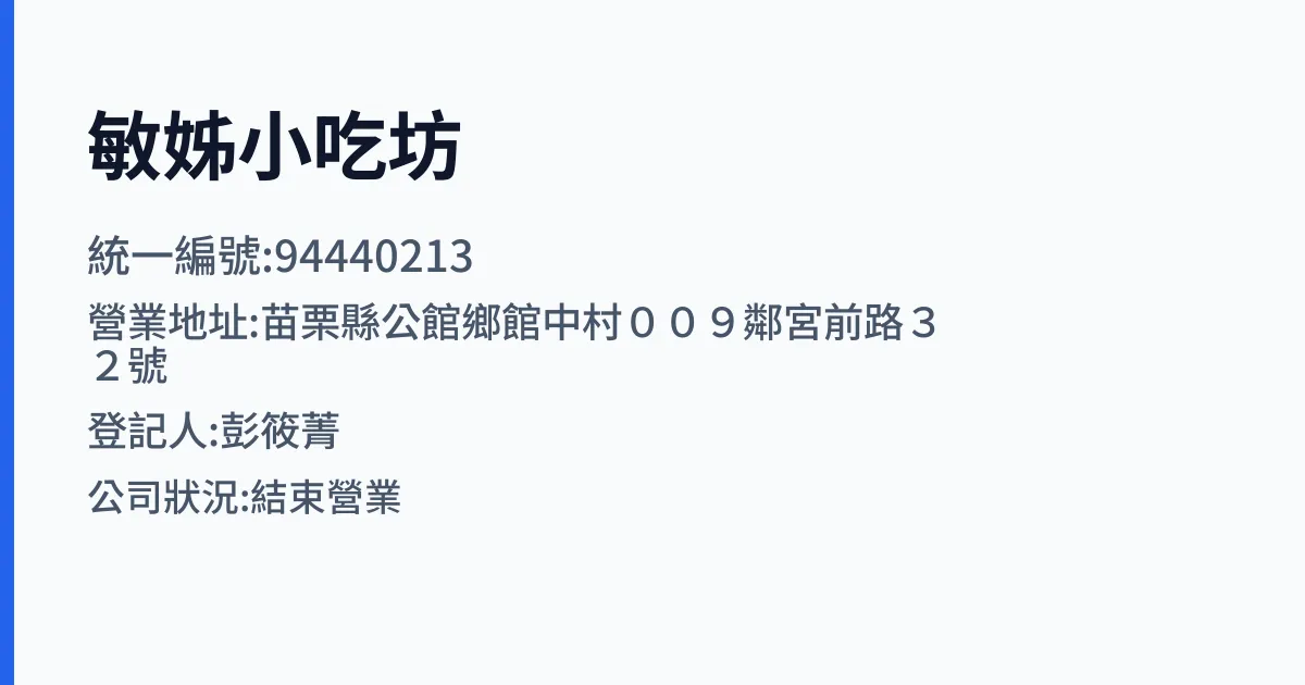 敏姊小吃坊 - 統編 94440213(苗栗縣) 公司登記資料與營業項目詳細圖表