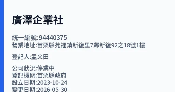 廣澤企業社的照片-統編 94440375(苗栗縣) 公司登記資料與營業項目詳細圖表