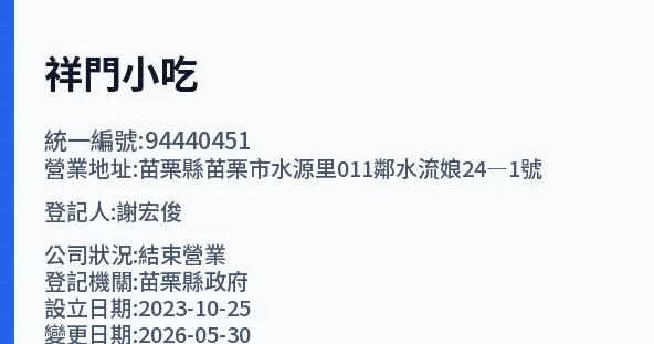 祥門小吃的照片-統編 94440451(苗栗縣) 公司登記資料與營業項目詳細圖表