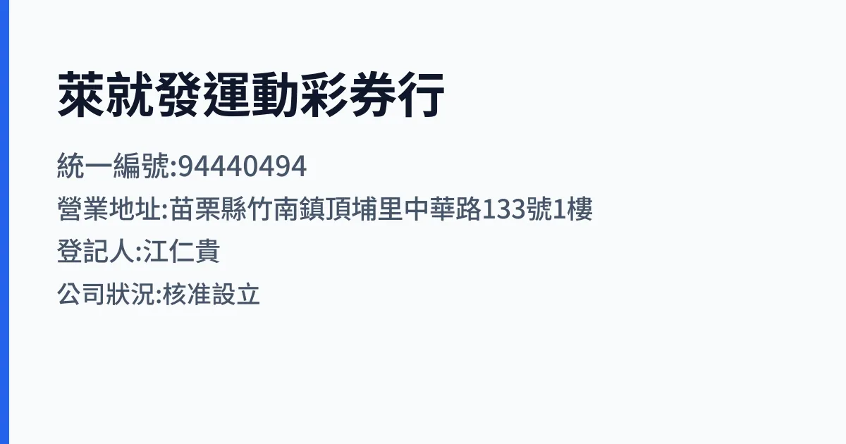萊就發運動彩券行 - 統編 94440494(苗栗縣) 公司登記資料與營業項目詳細圖表