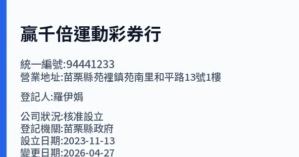 贏千倍運動彩券行的照片-統編 94441233(苗栗縣) 公司登記資料與營業項目詳細圖表