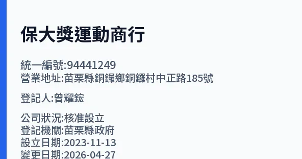 保大獎運動商行的照片-統編 94441249(苗栗縣) 公司登記資料與營業項目詳細圖表