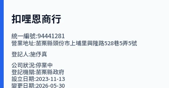 扣哩恩商行的照片-統編 94441281(苗栗縣) 公司登記資料與營業項目詳細圖表