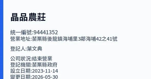 晶品農莊的照片-統編 94441352(苗栗縣) 公司登記資料與營業項目詳細圖表