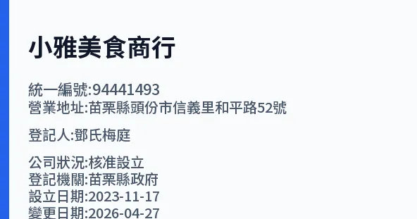 小雅美食商行的照片-統編 94441493(苗栗縣) 公司登記資料與營業項目詳細圖表