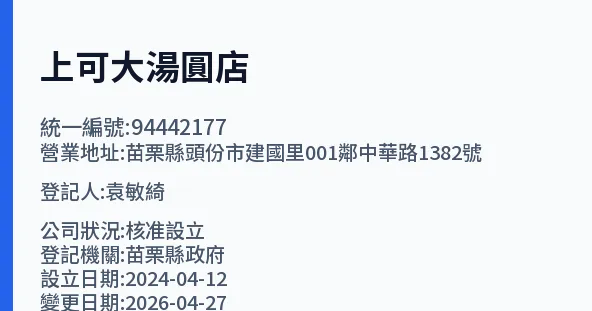 上可大湯圓店的照片-統編 94442177(苗栗縣) 公司登記資料與營業項目詳細圖表