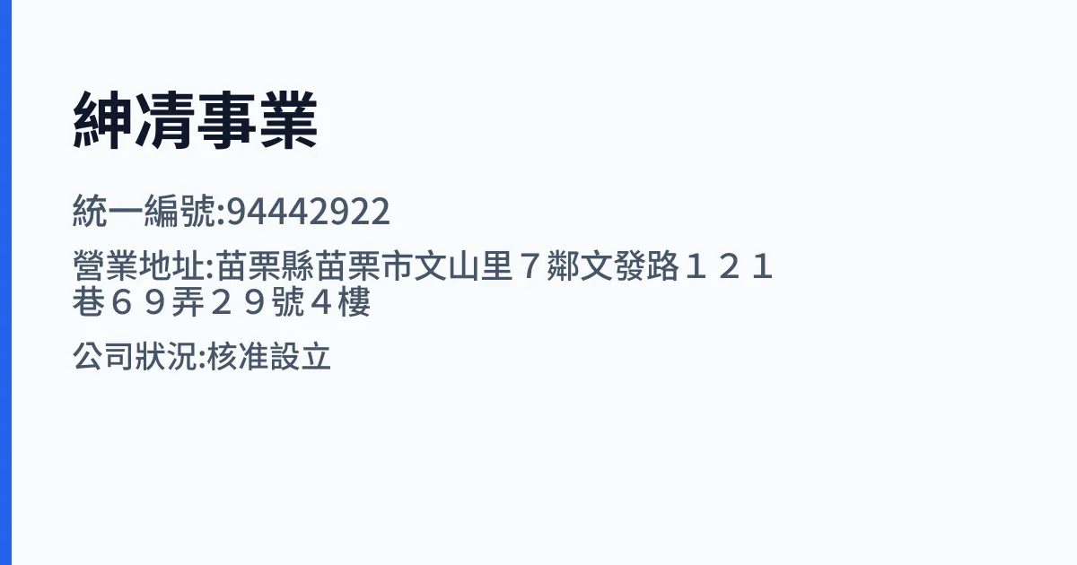 紳凊事業 - 統編 94442922(苗栗縣) 公司登記資料與營業項目詳細圖表