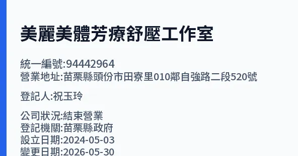 美麗美體芳療舒壓工作室的照片-統編 94442964(苗栗縣) 公司登記資料與營業項目詳細圖表