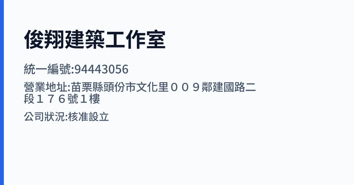 俊翔建築工作室 - 統編 94443056(苗栗縣) 公司登記資料與營業項目詳細圖表
