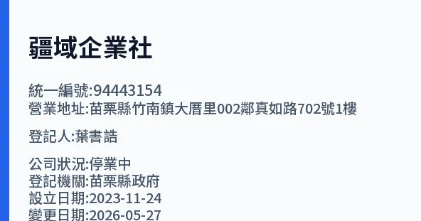 疆域企業社的照片-統編 94443154(苗栗縣) 公司登記資料與營業項目詳細圖表