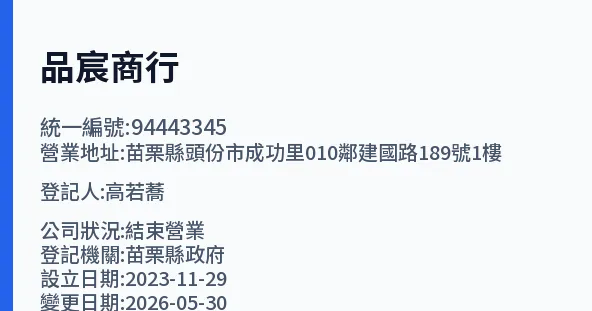 品宸商行的照片-統編 94443345(苗栗縣) 公司登記資料與營業項目詳細圖表