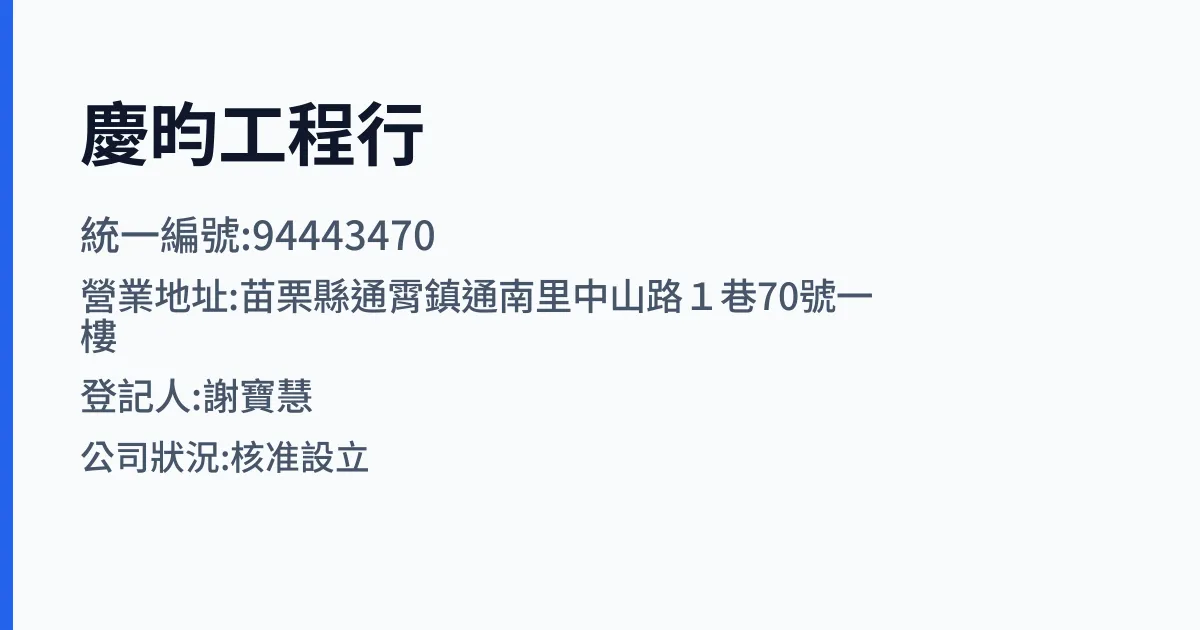 慶昀工程行 - 統編 94443470(苗栗縣) 公司登記資料與營業項目詳細圖表