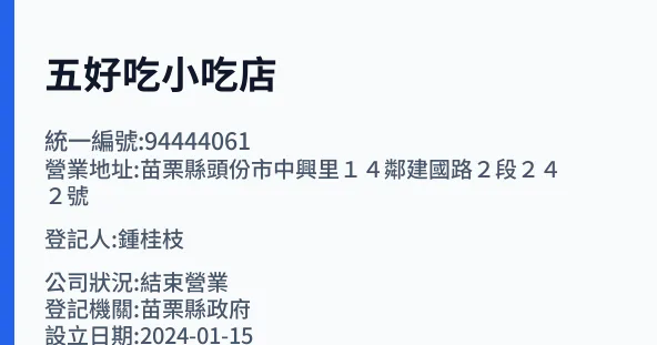五好吃小吃店的照片-統編 94444061(苗栗縣) 公司登記資料與營業項目詳細圖表
