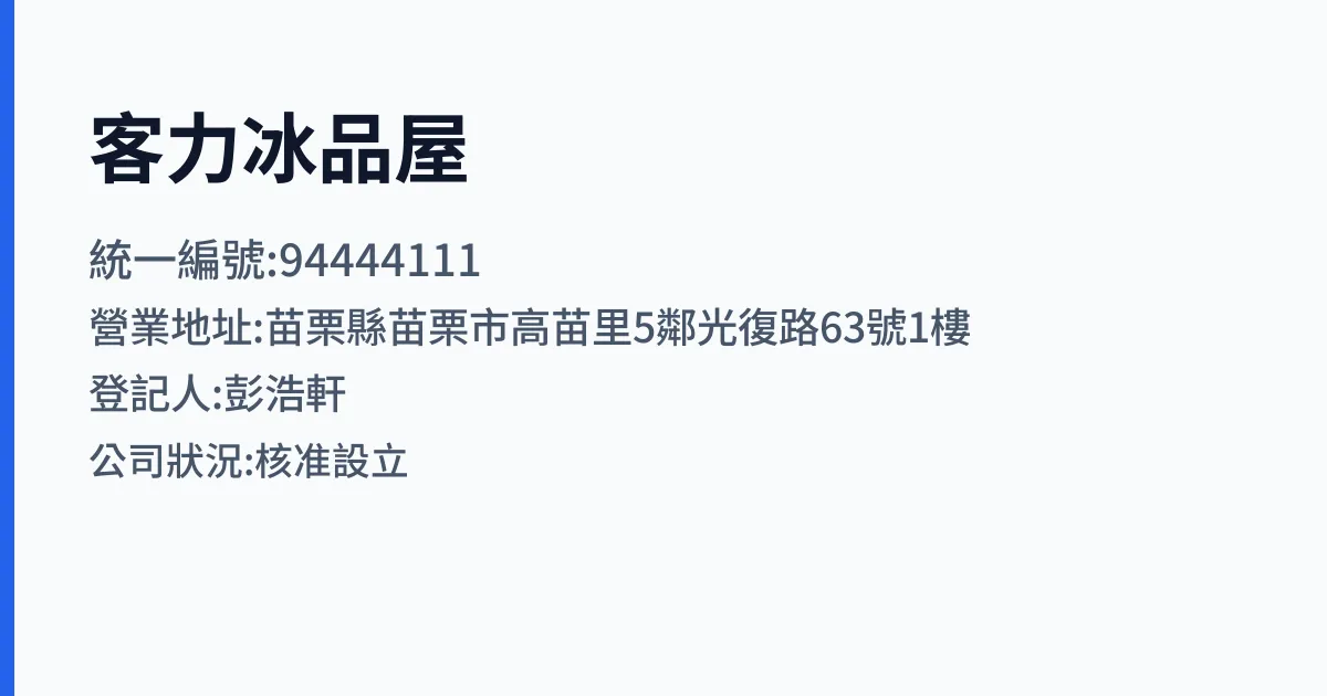 客力冰品屋 - 統編 94444111(苗栗縣) 公司登記資料與營業項目詳細圖表
