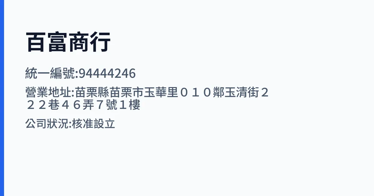 百富商行 - 統編 94444246(苗栗縣) 公司登記資料與營業項目詳細圖表