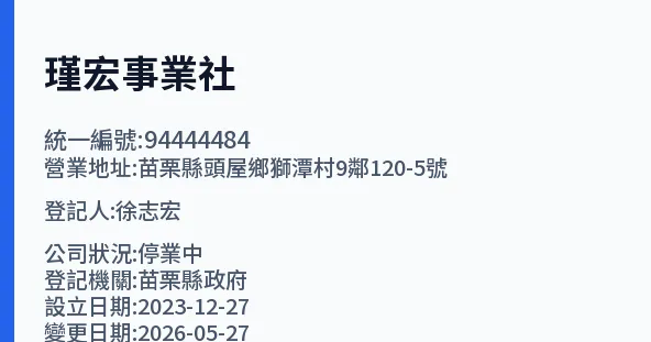 瑾宏事業社的照片-統編 94444484(苗栗縣) 公司登記資料與營業項目詳細圖表