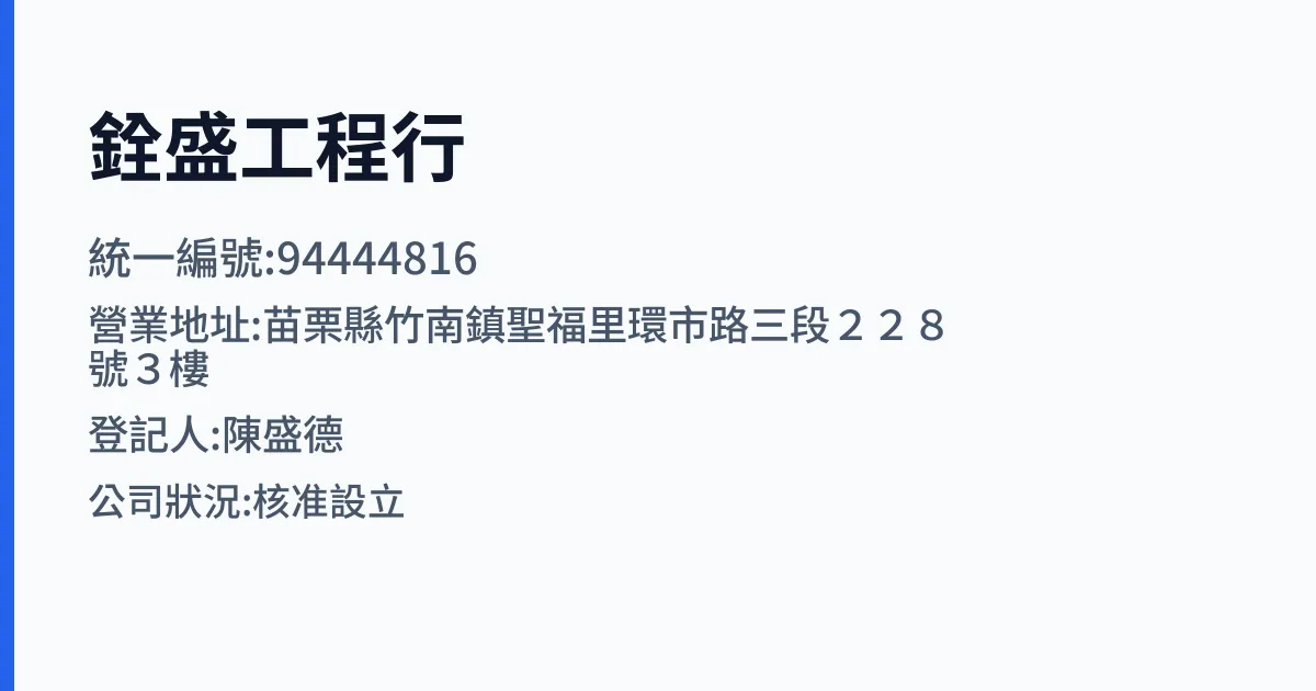 銓盛工程行 - 統編 94444816(苗栗縣) 公司登記資料與營業項目詳細圖表