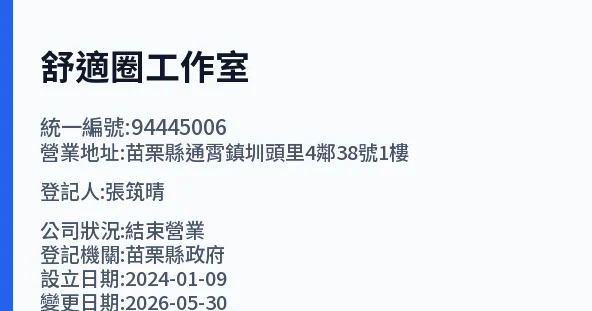 舒適圈工作室的照片-統編 94445006(苗栗縣) 公司登記資料與營業項目詳細圖表